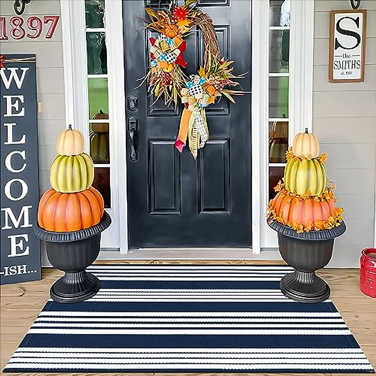 OJIA Blue and White Outdoor Rug 3’x 5‘ Cotton Hand Woven Striped Front Porch Rug Machine Washable Indoor Outdoor Rugs Farmhouse Layered Door Mat for Entryway/Kitchen/Laundry/Living Room/Bathroom