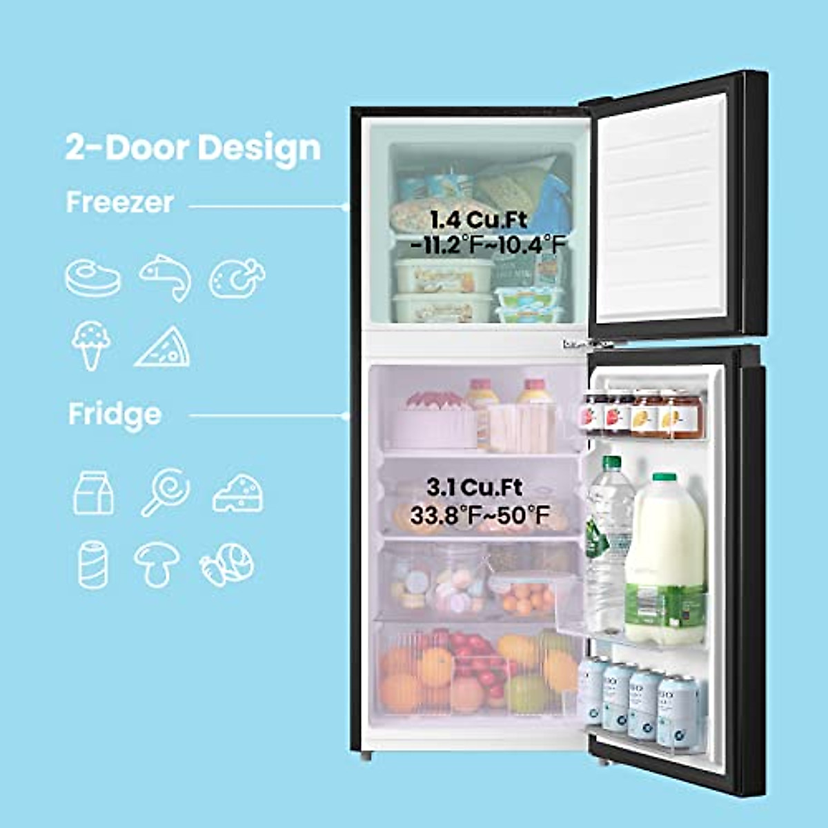 COMFEE' CRM45D3ABB Cu Ft Mini Fridge with Freezer, Energy Saving, Adjustable Legs, Temperature Thermostat Dial, Removable Shelf, Perfect for Home/Dorm/Garage Double Door Refrigerator, 4.5 Cuft, Black