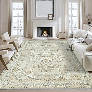 Area Rugs 9x12 Living Room: Washable Rug Boho Bedroom Rug Stain Resistant Ultra-Thin Non-Slip Indoor Carpet Vintage Rug for Bedroom Dining Room Kitchen Farmhouse Office Under Table 9 x 12, Beige