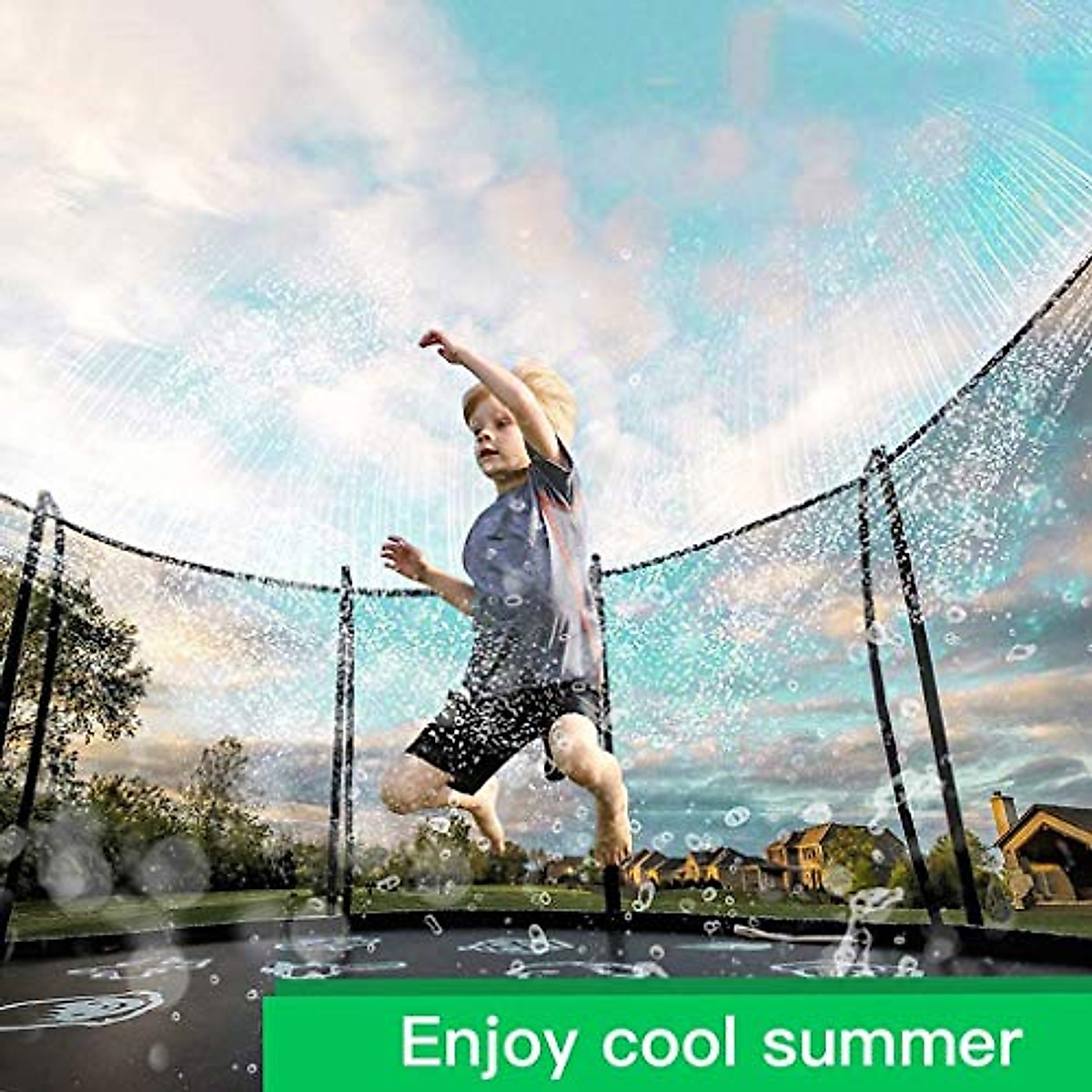 Juesi Misting Cooling System- Outdoor Patio Trampoline Sprinkler Hose Kit for Kids, Waterpark Watering Automatic Distribution System Attachment for Summer Water Fun Yard Garden (32.8FT)