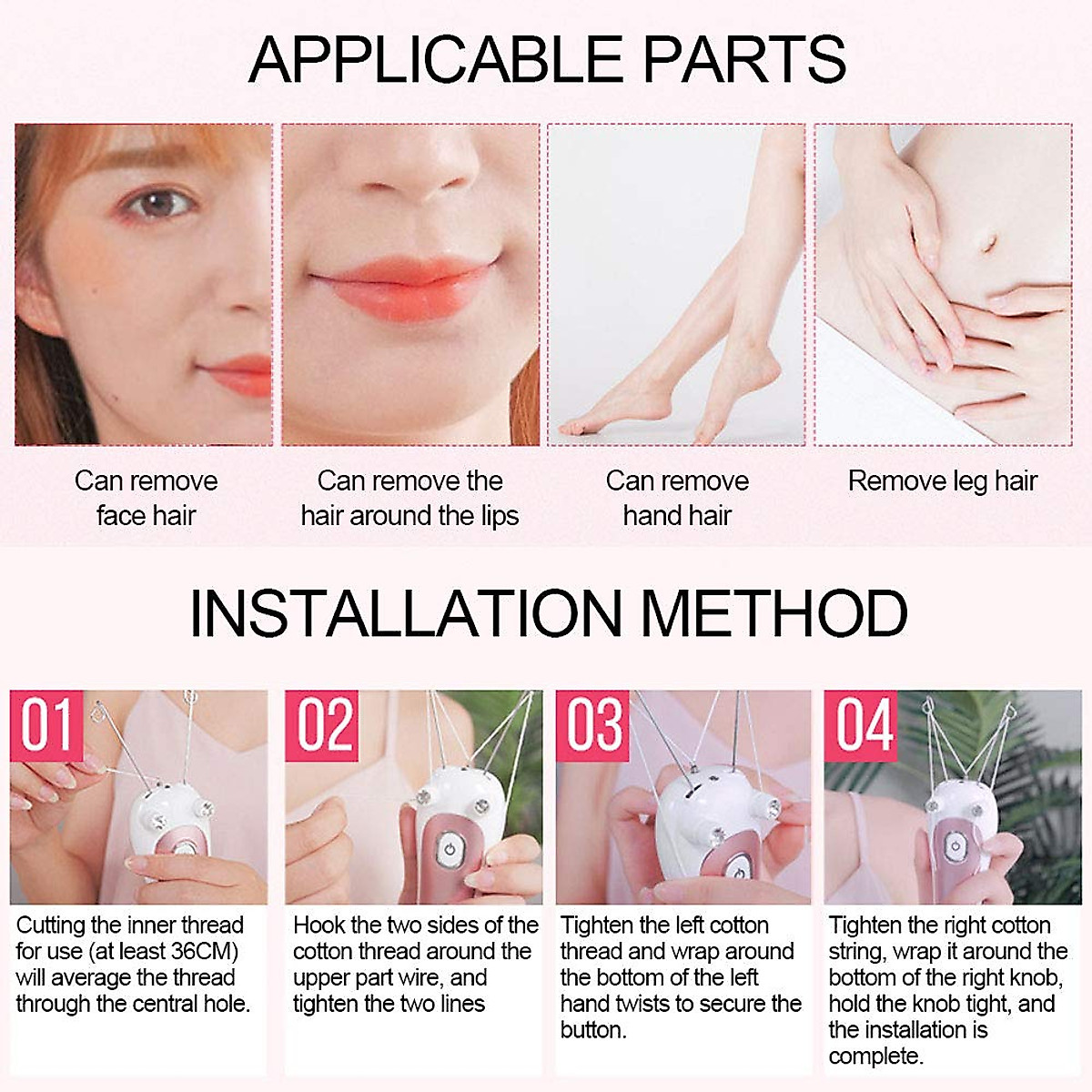 Electric Hair Removal Body Facial Threading Epilator with Cotton Thread Rechargeable Physical Threader Hair Shaver(Pink)