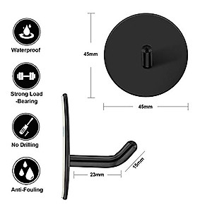 SouLips Adhesive Hooks, Self Adhesive Black Wall Mount Hanger for Key Robe Coat Towel, Super Strong Heavy Duty Stainless Steel Hooks, No Drill No Screw, Waterproof, for Kitchen Bathroom Toilet, 4 Pack