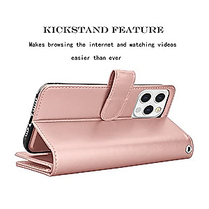 NJJEX Compatible with iPhone 13 Pro Case/iPhone 13 Pro Wallet Case 6.1" (2021), [9 Card Slots] PU Leather ID Credit Holder Folio Flip [Detachable] Kickstand Magnetic Phone Cover & Lanyard [Rose Gold]