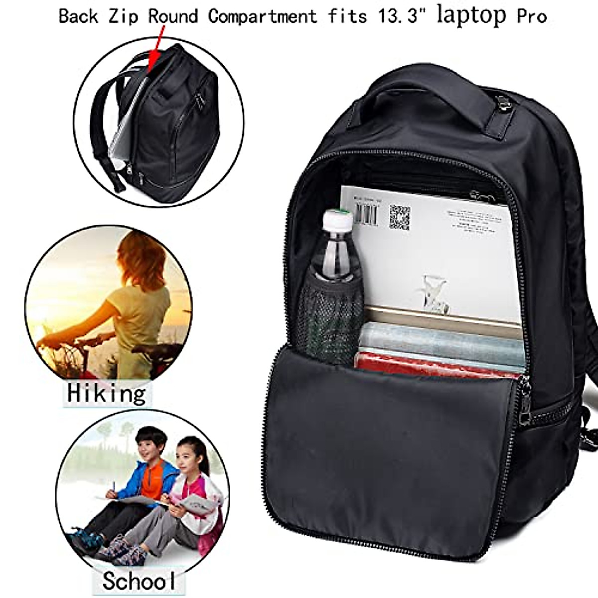 UTO Fashion Nylon Backpack Functional School Gym Sport Hiking Bag Reflective Straps E Black