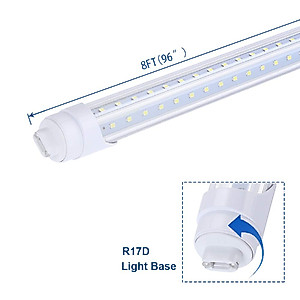 4Pack R17d V shaped Rotatable 2pin base 8 foot led bulbs Double Row 65W,Need Bypass Ballast,Replace 150W Fluorescent Shop Lights Dual-Ended Power, Cold White 6000K,clear Cover, AC 90-277V