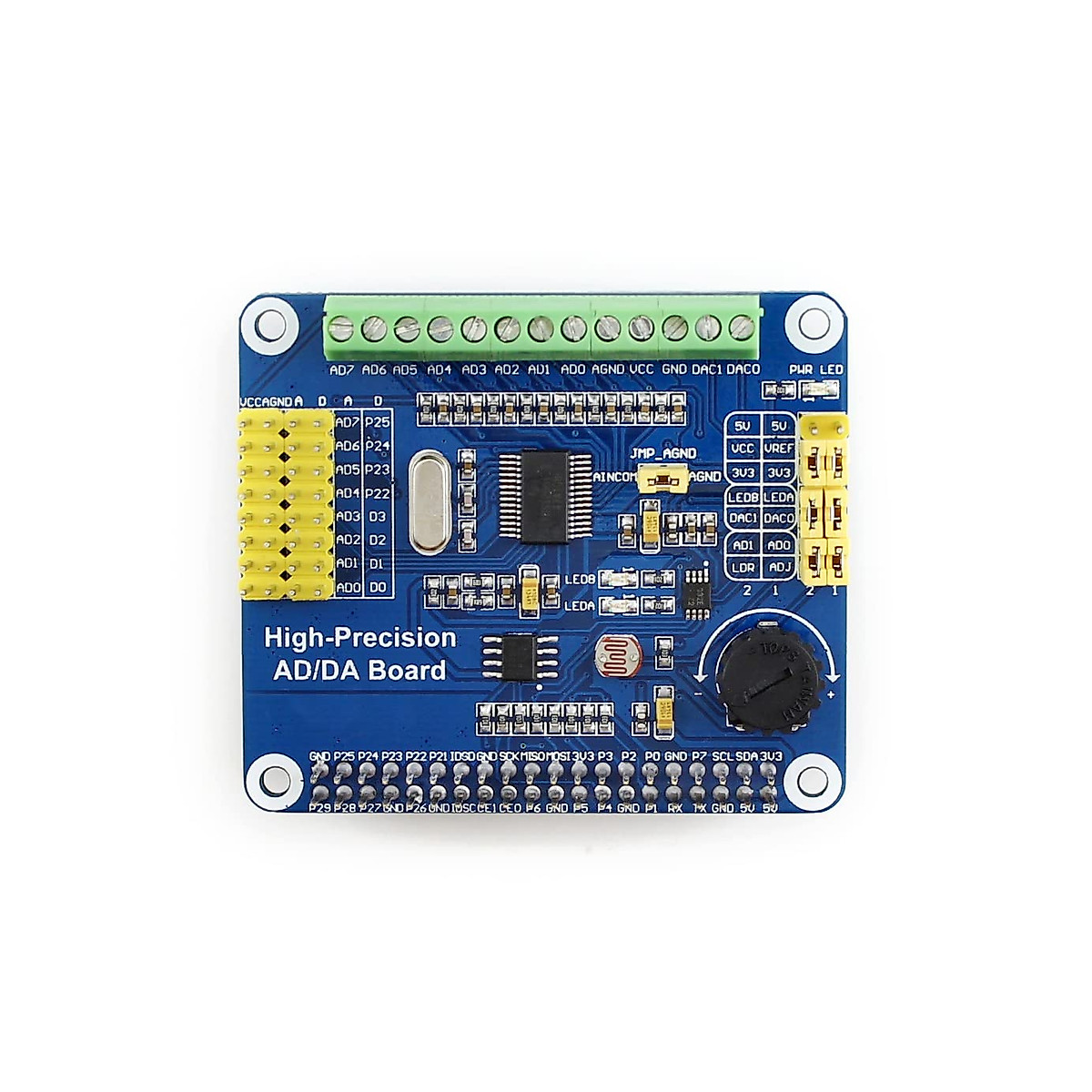 Waveshare AD/DA Expansion Sheild Board for Adding High-Precision AD/DA Functions Compatible with Raspberry Pi Onboard ADS1256 DAC8552 Sensor Interface