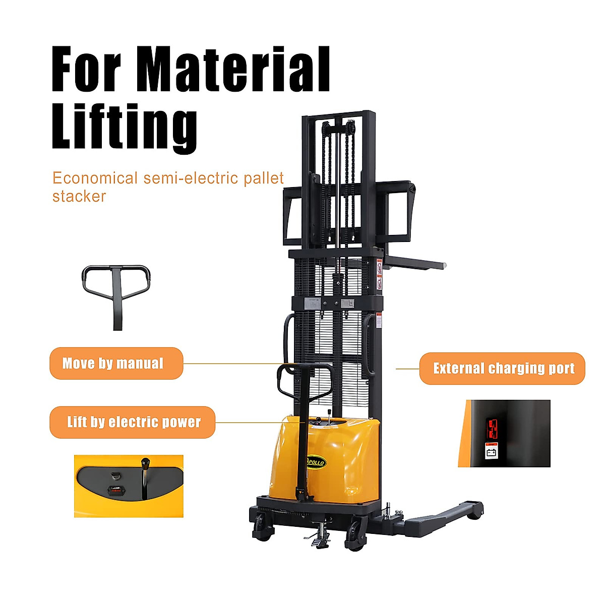 APOLLO Semi Electric Pallet Forklift Economy Hand Pallet Stacker Lift Jack with Straddle Legs 3300lbs Capactiy 118" Lifting Height