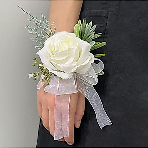 Corsage and Boutonniere Set,2PCS Artificial Rose Wrist Corsage Wristlet,for Wedding Bridal Bridesmaid Wrist Corsage Corsage Ball Decoration (White)