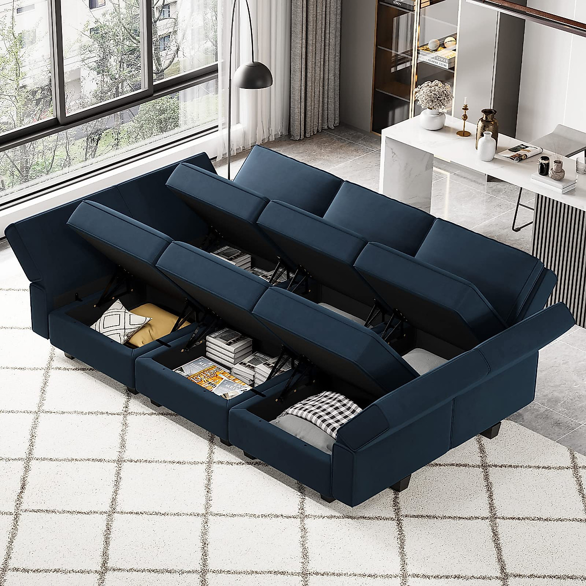 Belffin Modular Velvet Sectional Sofa with Chaise Lounge Sectional Sleeper Sofa with Storage Chaise Sofa Bed Couch for Living Room Blue