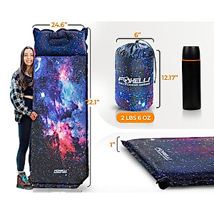 Foxelli Self Inflating Sleeping Pad for Camping, Backpacking, Hiking, Insulated Foam Lightweight Camping Mat, Inflatable Camp Mattress with Pillow