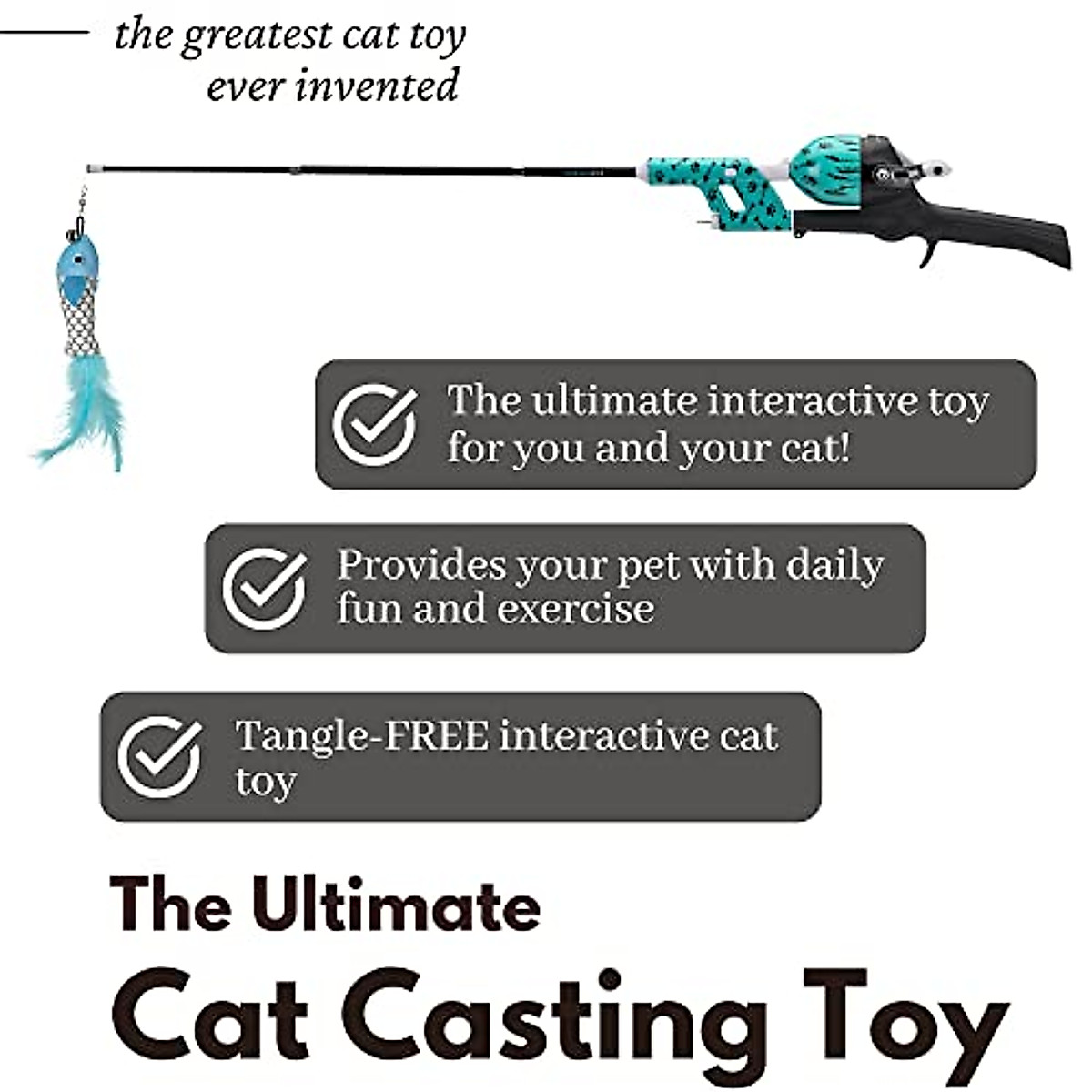 Cat Caster Fishing Pole Toy | Tangle Free, Retractable & Easy to Store. Includes Two Interchangeable Teaser Toys | The Ultimate Gift for Kitty Lovers, Fish Bone
