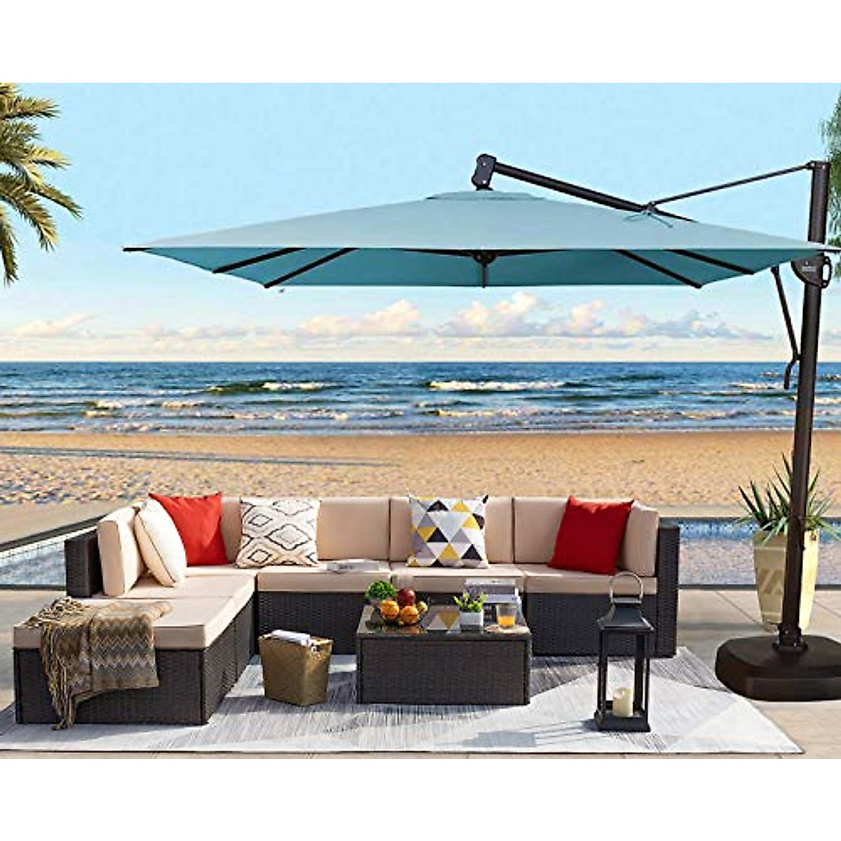 KaiMeng 7 Piece Outdoor Rattan Sectional Sofa Lawn Patio Furniture Sets, Black Brown Wicker Sectional Sofa Conversation Set with Seat Cushions Pillows