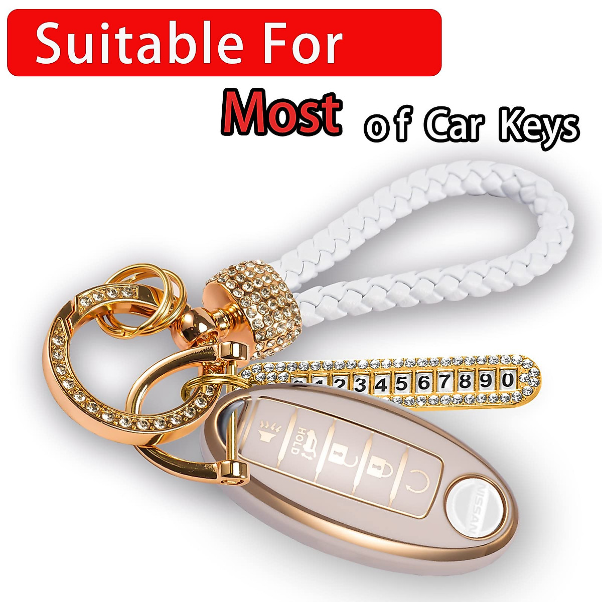 Worcas Car Keychain With Bling Rhinestones,eather Woven Keychain with anti loss telephone number plate,360 Degree Rotatable Universal Key Fob Keychain for all Cars(White-Gold)