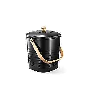 Bamboo Fiber Compost Bin Kitchen Counter - Stylish Indoor Compost Bucket for Kitchen Countertop - Includes 2 Charcoal Filters 15mm Thick - Recycling Trash Food Waste Composter Bins (Black)
