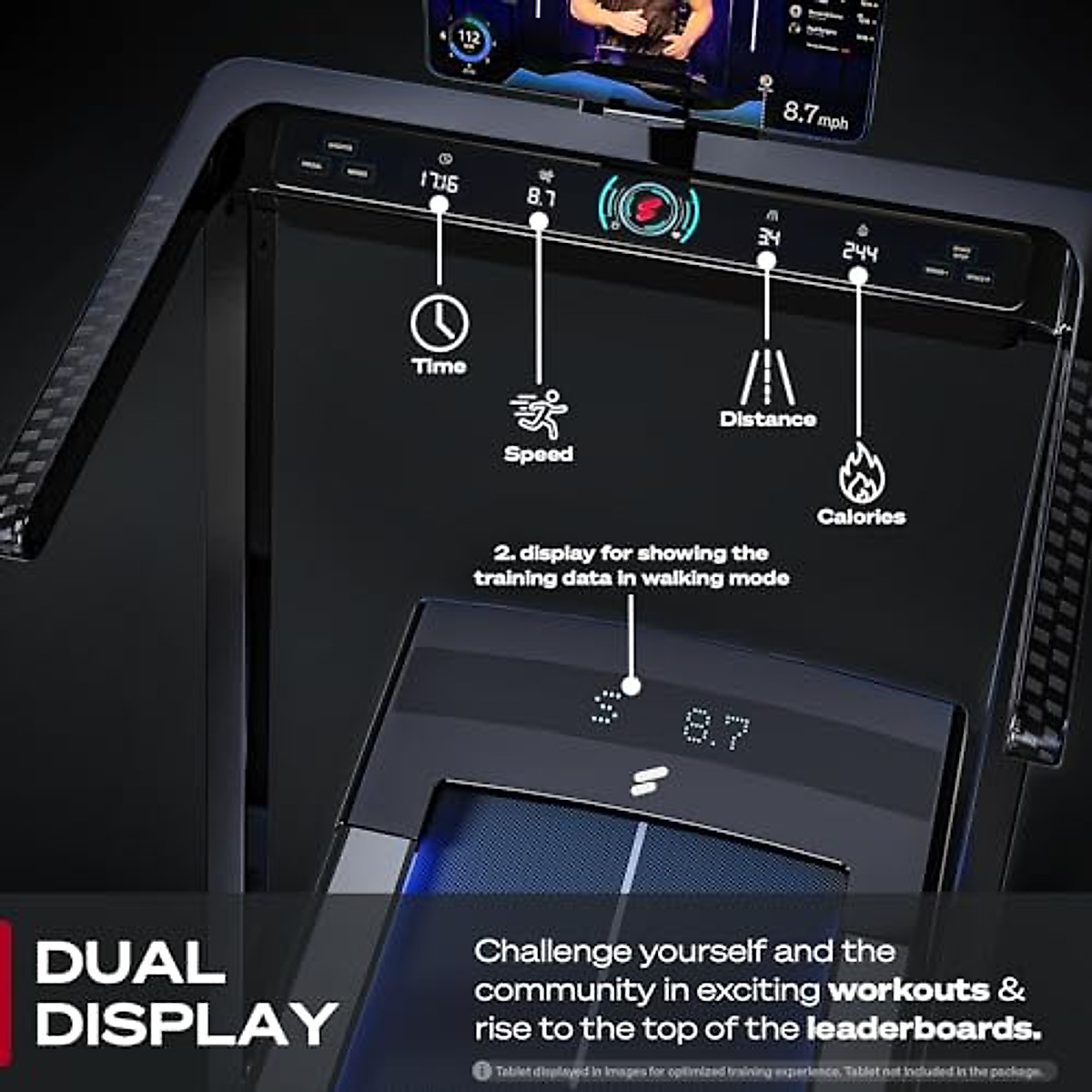 Sportstech 2 in 1 Treadmill + Walking Pad, Slim Portable Under Desk for Home & Office, Remote Control & Tablet Holder, Heart Rate LED Pulse, Fitness Live Workout App, Compact Folding, No Installation