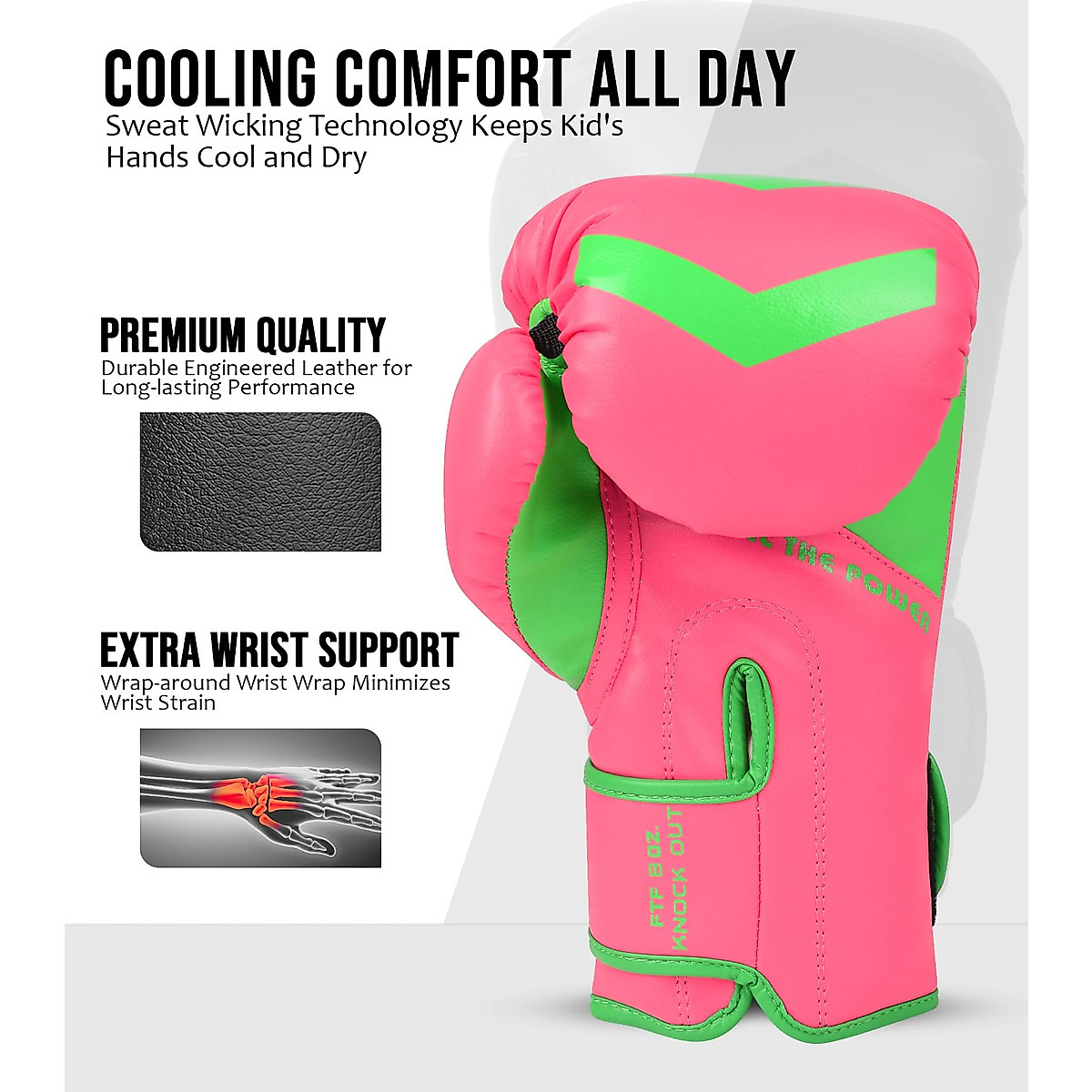 Exxact Sports Knockout Youth Boxing Gloves for Kids (3-15 Years) with Padded Protection and Wrist Support, Durable Engineered Leather Kids Boxing Gloves for Sparring (Pink/Green, 4 OZ)