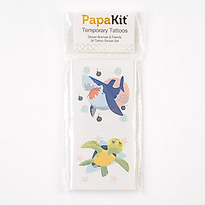 PapaKit Cute Ocean Animals 36 Temporary Fake Tattoo Set, 18 Individually Wrapped Sheets | Kids Girls & Boys Birthday Party Favor Gift Reward, Non-Toxic Safe Removable