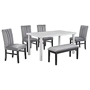 Zaboro 6-Piece Dining Table Set for 6 People, Wooden Kitchen Table Set with Marble Veneer Table and 4 Flannelette Upholstered Dining Chairs & Bench, Rustic Style Family Furniture, for Kitchen, Gray