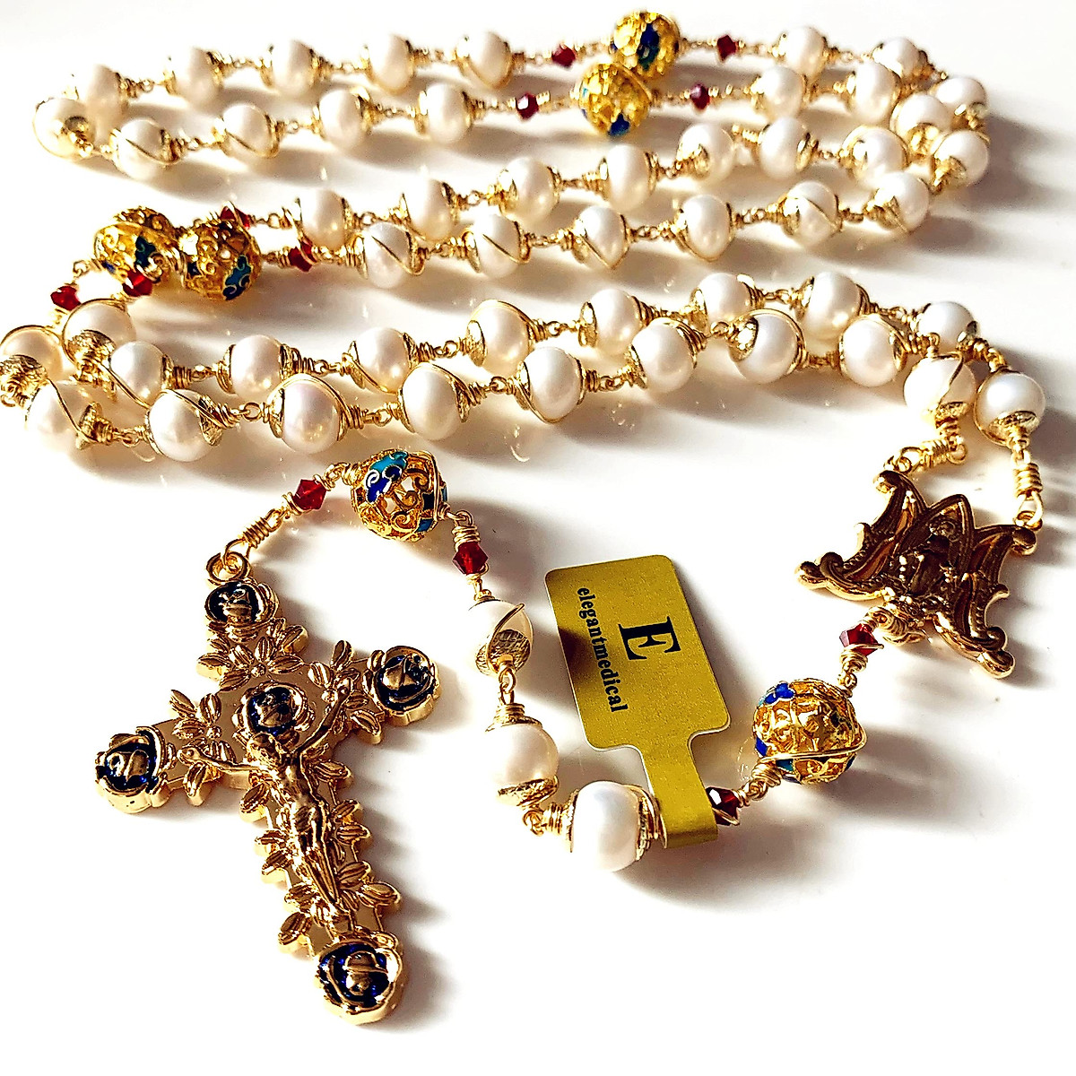 elegantmedical HANDMADE Gold Wire Wrapped Bead AAA White 9mm Real Pearl & Enamel Bead Rosary Cross NECKLACE BOX