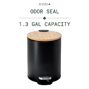 ACENTO Round Soft-Close Step On Bathroom Wastebin, 1.3 Gallon Trash Can with Premium Pedal and Bamboo lid (Matte Black and Natural Bamboo)