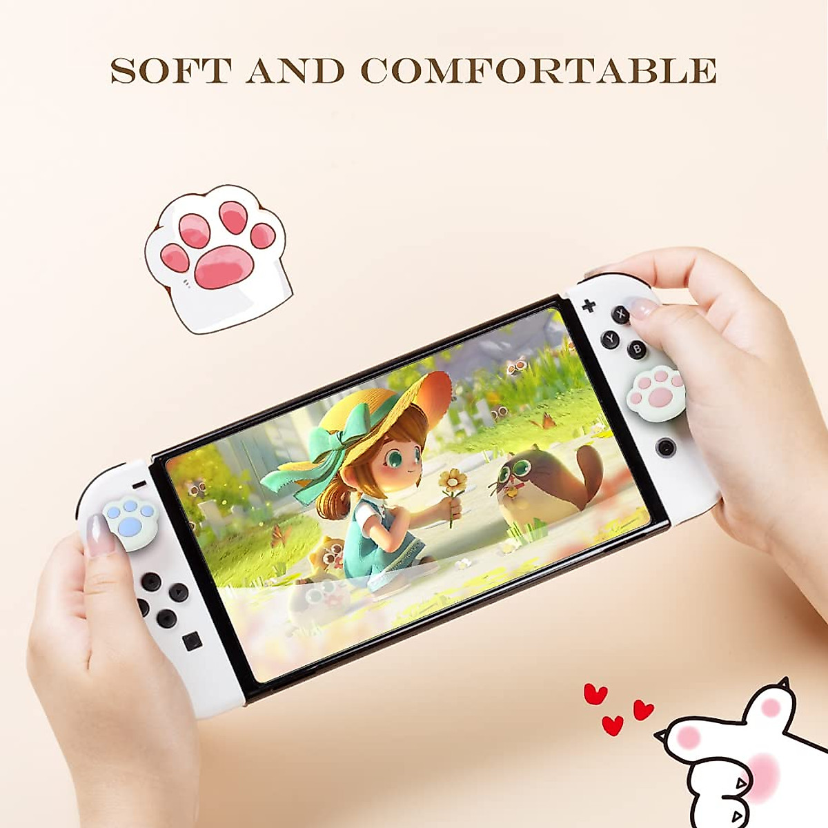 PERFECTSIGHT Cute Cat Paws Switch Thumb Grip Caps for Nintendo Switch OLED Console/Switch Lite, Kawaii Silicone Joystick Cap Button Stick Cover Cartoon 3D Analog for NS Controller Joycons, 4PCS