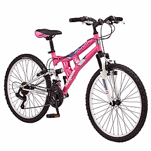Mongoose Exlipse Full Dual-Suspension Mountain Bike for Kids, Featuring 15-Inch/Small Steel Frame and 21-Speed Shimano Drivetrain with 24-Inch Wheels, Kickstand Included, Pink