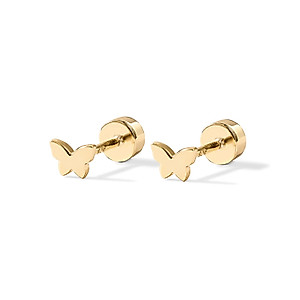 PAVOI 14K Gold Plated 925 Sterling Silver Post Pair of Flat Back Stud Earrings for Women | Butterfly Cartilage Helix Piercing