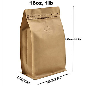 50 Pieces 16 Ounce Kraft Paper Stand Up Coffee Bag/Flat Bottom Pouch with Air Release Valve and Reusable Side Zipper. (50pcs, 1lb/16oz)