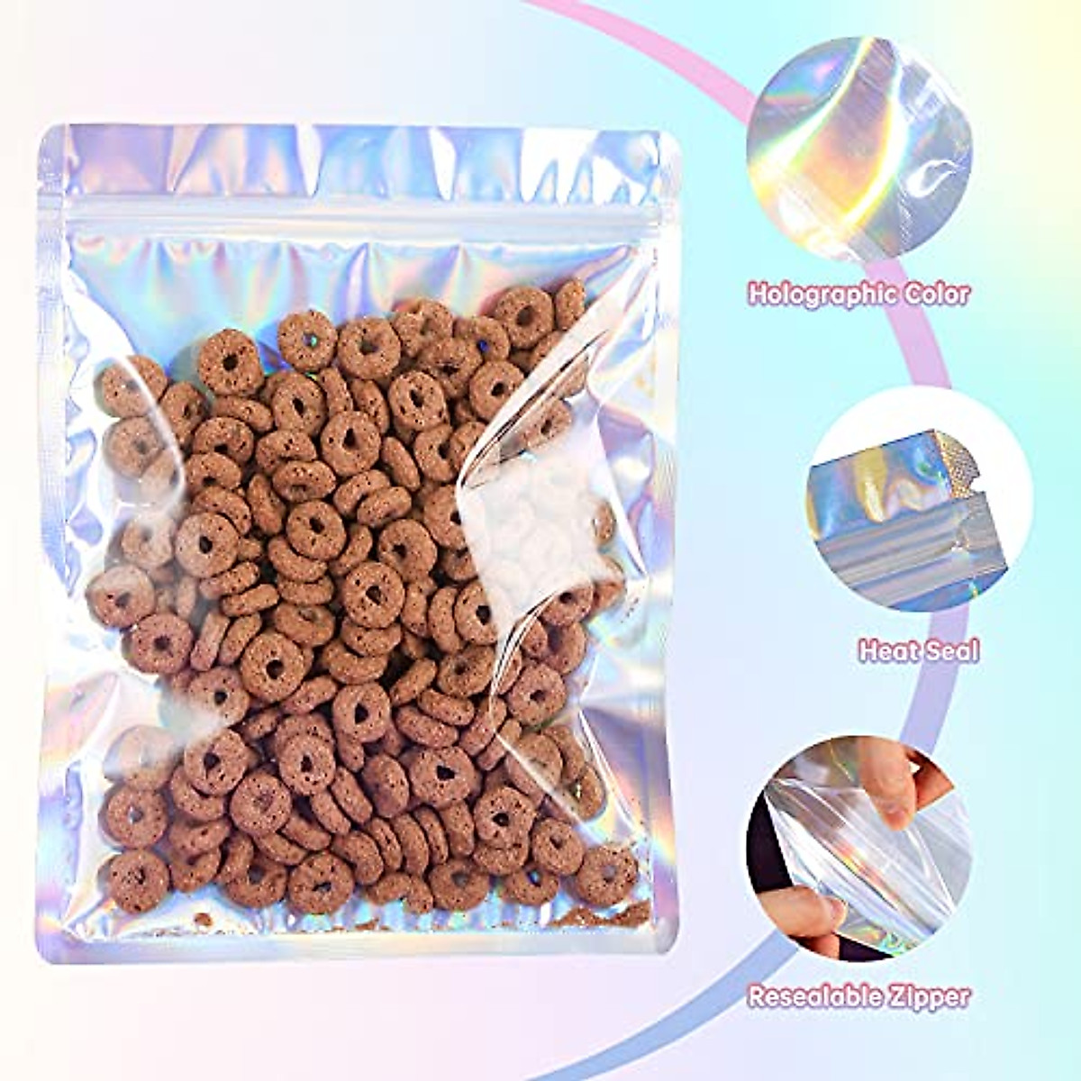 YHJZ 100 Pcs Holographic Bags, 4 x 6" Resealable Smell Proof Bags Resealable Bags for Packaging Ziplock Pouches Bags for Lip Gloss Packaging Mylar Bags for Party Favor Food Storage (4x6 Inch)