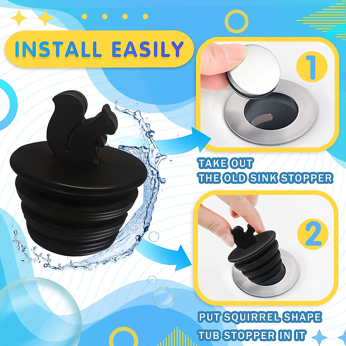 Bathtub Stopper, 2 Pack Universal Bathtub Plug Silicone Bathtub Stopper Bathtub Drain Stopper Plug Tub Stopper for Kitchen Bathtub and Bathroom Sink Drains, Black Plug Cute Squirrel Shape, 2 Count