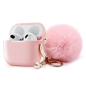 Protective Case Cover for Airpods 3 Charging Case, Soft Silicone Case Compatible with Air Pods 3rd Generation 2021 with Cute Ball Fluffy Pom Pom Keychain Kit (3rd, Pink)
