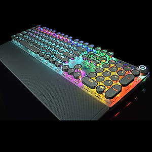 CHICHEN Mechanical Gaming Keyboard,USB Wired,Retro Steampunk Typewriter Keyboard Round Keycaps,Moveable Wrist Rest,for Laptop Desktop PC (Silver-Blue Switches)