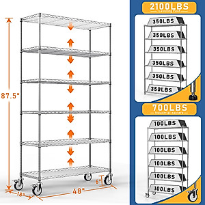 6 Tier Kitchen Shelves Organizer, 2100LBS Metal Wire Shelving Rack w/Innovative Side Mesh, Heavy Duty Adjustable Shelving Units and Storage for Home Office Garage, 87.5" H x 48" W x 18" D - Chrome