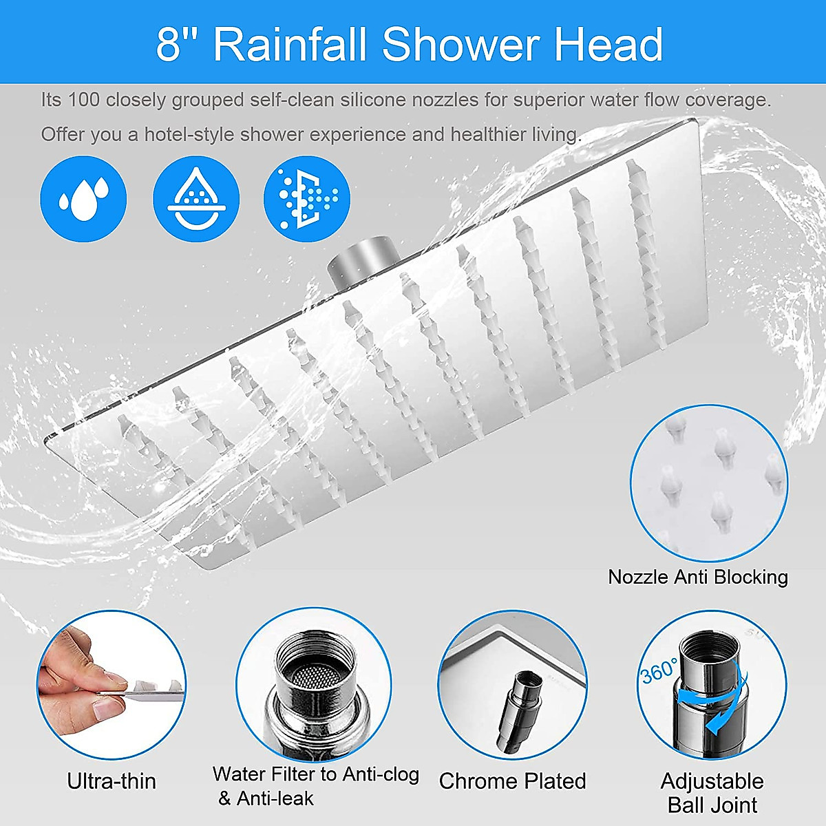 Shower Head, 8'' High Pressure Rainfall Shower Head / Handheld Showerhead Combo with 11'' Extension Arm, CUMIZON 6 Spray Settings Handheld Showerhead with Holder/ Hose, Flow Regulator, Chrome