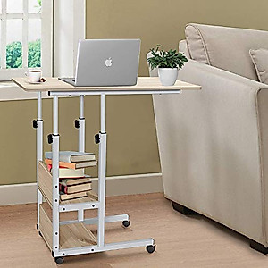 Retyion Movable Computer Desk with Wheels Height Adjustable C Shaped Laptop Table with Storage Shelves for Sofa Couch Home Office