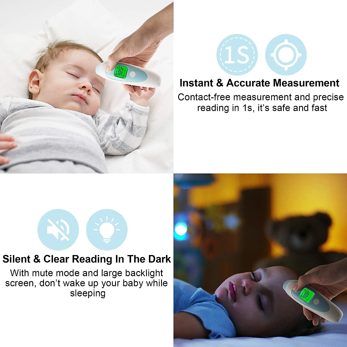 Infrared Thermometer Forehead Ear Non Contact Digital for Adults Kids Babies Fever Indicator Accurate Fast Readings Memory Function (Battery Included)