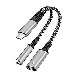 USB C to 3.5mm Headphone and Charger Adapter, 2 in 1 USB C Splitter to Audio Jack & Fast Charging Dongle Cable, Compatible with Samsung Galaxy S21 S21+ S22, Note 20 10, Google Pixel 2 3 4 XL