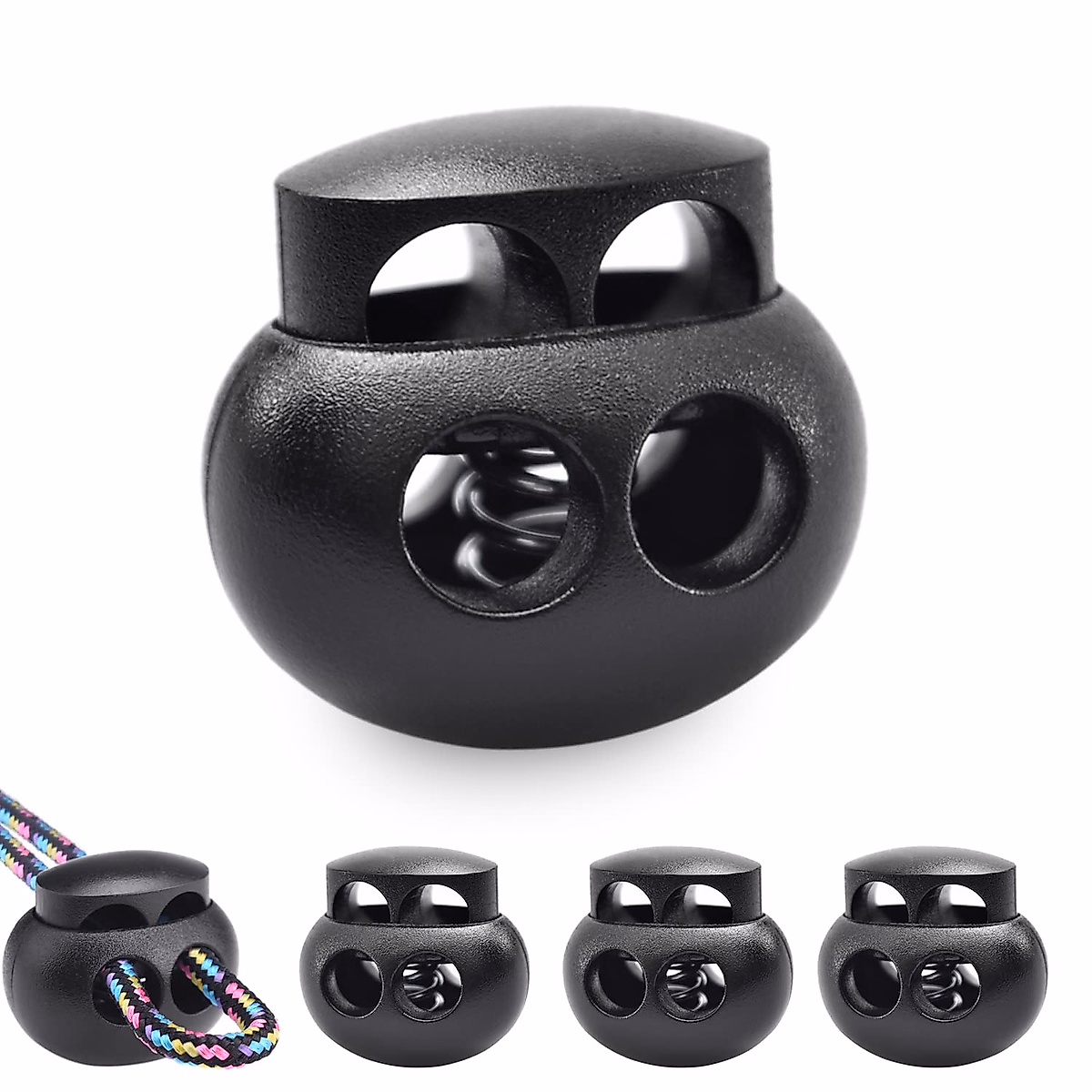 12 Pack Black Plastic Spring Cord Lock Toggle Stopper for Drawstring, Paracord Cord Stop Elastic Shoelace Lock Fastener Slider Clip Double Hole