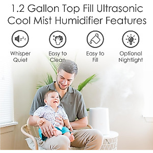 Crane Diffuser and Top Fill Ultrasonic Air Humidifiers for Bedroom and Office, 1.2 Gallon Cool Mist Humidifier for Large Room and Home, No Humidifier Filters Needed, White