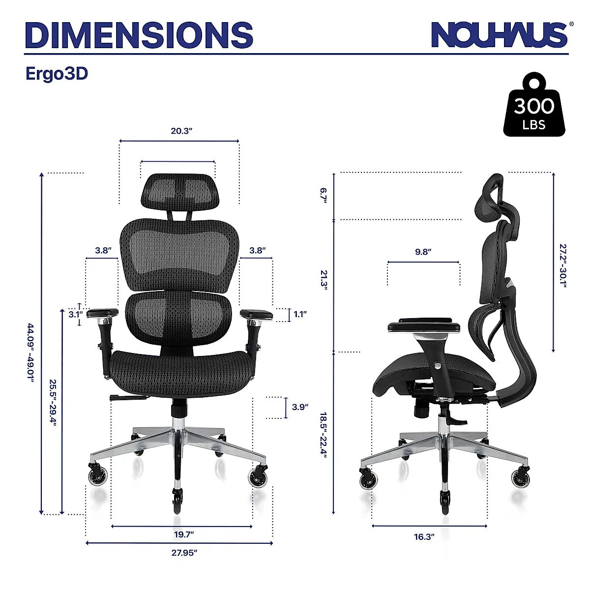 Nouhaus Ergo3D Ergonomic Office Chair - Rolling Desk Chair with 4D Adjustable Armrest, 3D Lumbar Support and Blade Wheels - Mesh Computer Chair, Office Chairs, Executive Swivel Chair (Black)
