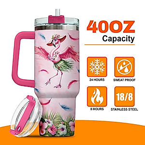 Red Steel Women Adults For Coffee Flower Tumblers Stainless Rose Simple Handle Quartz, Tumbler 40 Oz With Handle Lid And Straw, Funny Flamingo Tropical Floral, Flamingo Gifts