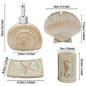 HotSan bathroom accessory Set, 5 PCS Beach Seashells Ensemble Set Includs Soap Dispenser, Soap Dish, Tumbler, Toothbrush Holder - Ivory Polyresin Set for Home, Office, Superior Hotel
