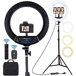 18 inch LED Ring Light with Tripod Stand Dimmable Makeup Selfie Ring Light for Studio Portrait YouTube Vlog Video Shooting with Carrying Bag and Remote Controller, CRI 90