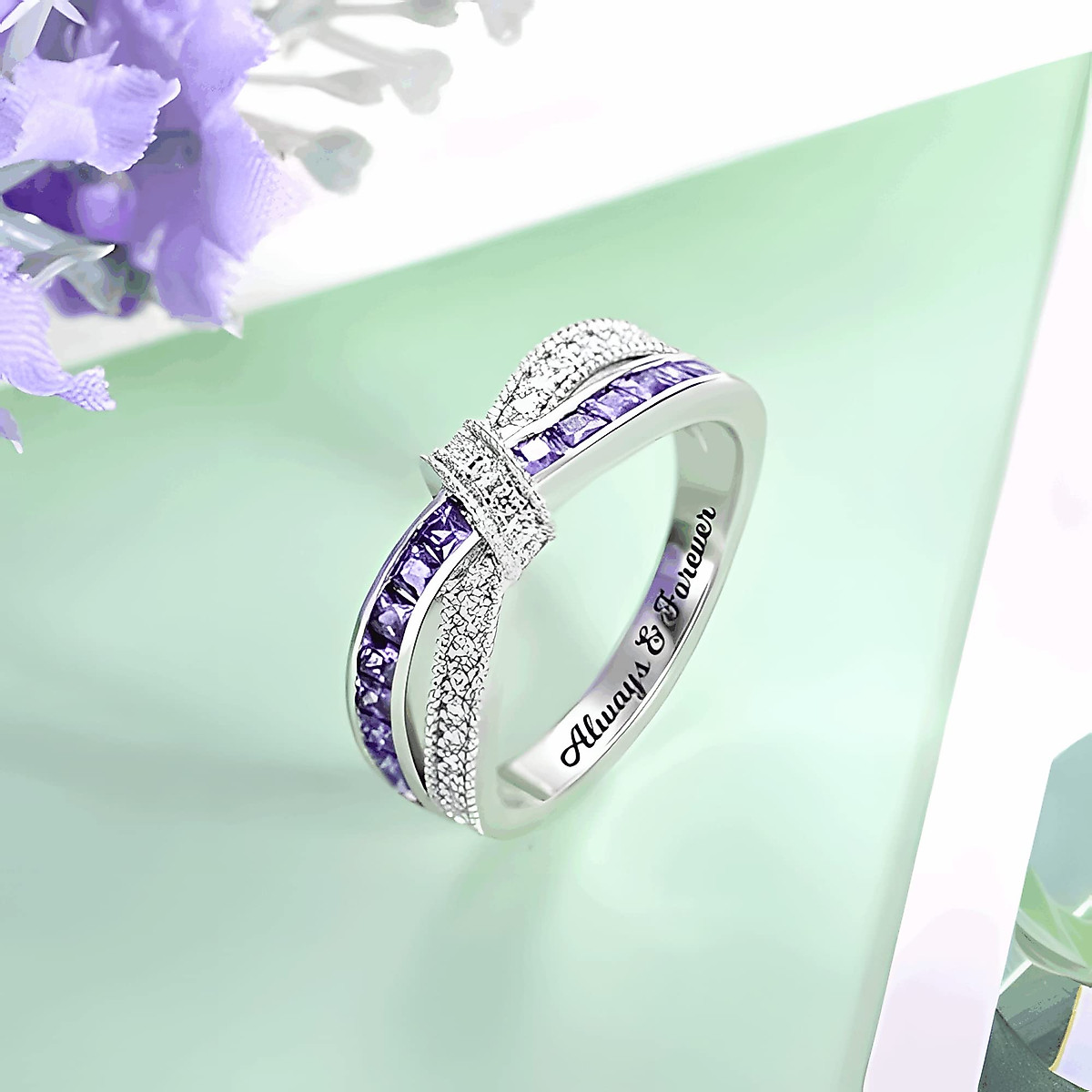 Elsie Lopez Silver Rings Personalized Engraved Cross-Finger Birthstone Ring Sterling Silver 925 Promise Ring for Her Wedding Band Ring Engagement Ring