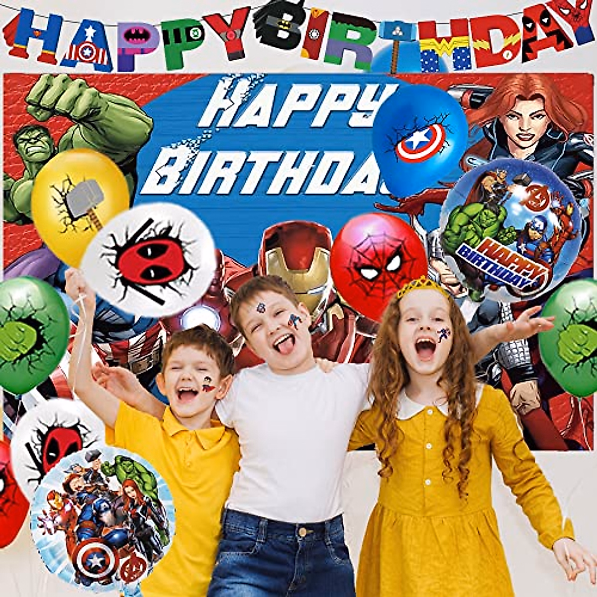 150 PCS Superhero Blue Theme Birthday Party Supplies For Boys And Girls Decoration With Plant Balloon,Tableware,Paper Cup,Tablecloth, Backdrop Super Movie Theme Party