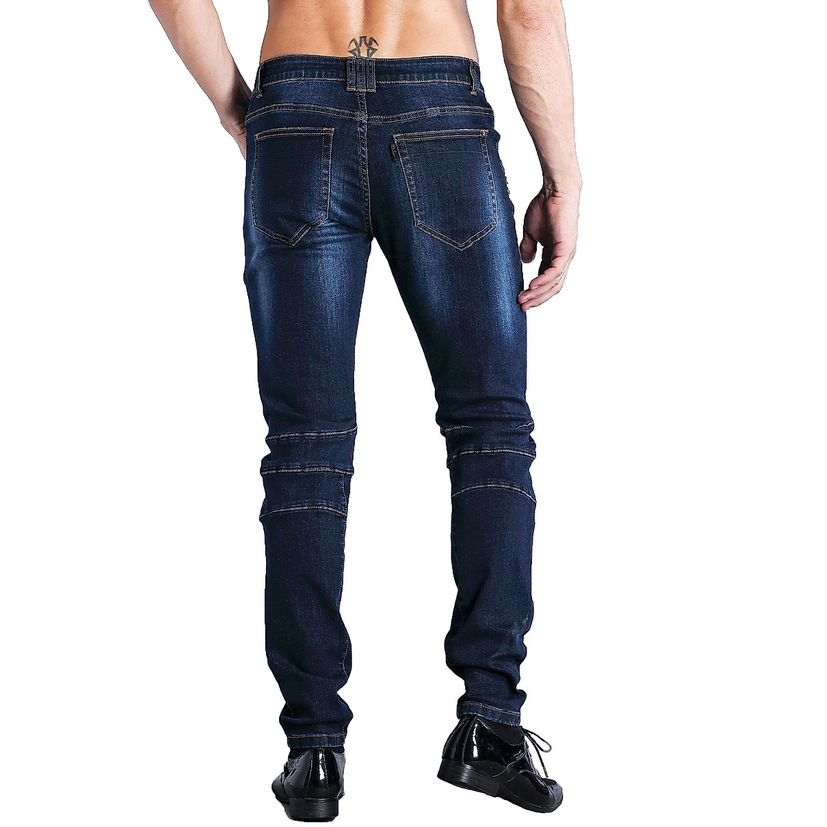 ZLZ Blue Biker Jeans for Men Slim Fit, Men's Comfy Stretch Ripped Distressed Biker Jeans Pants Rock, Designer Jeans, Size 34