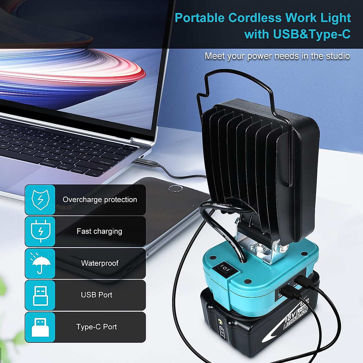 Cordless LED Work Light for Makita 14.4V/18V LXT Battery, Portable Flashlight Jobsite Light Spotlight Tool for Makita BL1850, Lamp Flood Light for Repairing/Garages/Emergency(No Battery)