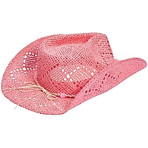Zodaca Pink Cowboy Hat for Women - Pink Straw Beach Hat, Cute Cowgirl Hat with Beaded Heart Trim and Braided Chain (Adult Size)