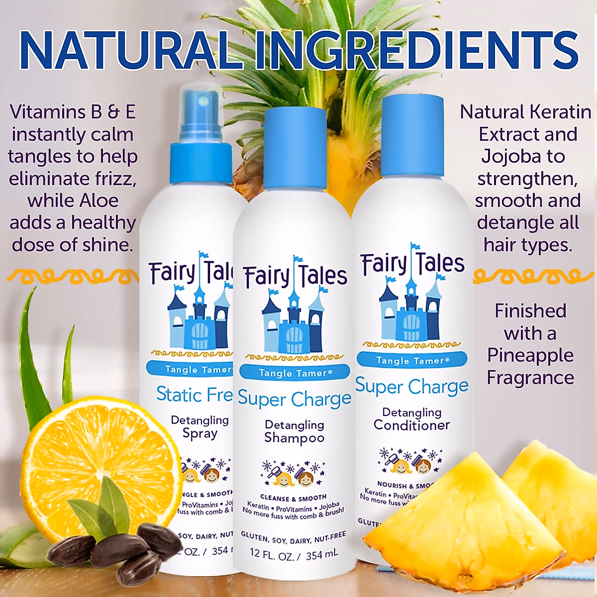 Fairy Tales Tangle Tamer Super Charge Detangling Shampoo, Conditoner, and Spray for Kids - Travel Set - Paraben Free, Sulfate Free, Gluten Free, Nut Free - 3.3 oz (Pack of 3)