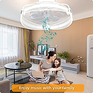 YeetFerret Flush Mount Ceiling Fan with Lights 20 Inch Bladeless Low Profile Ceiling Fan with Bluetooth Speaker Remote APP Control 3 Colors 6 Speeds Reversible (White)